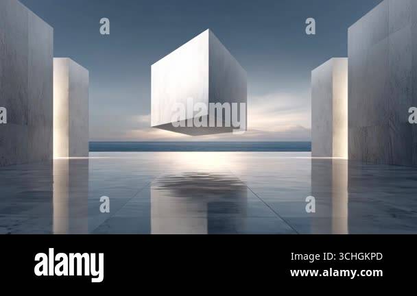 A marble cube hovers elegantly between architectural pillars ...