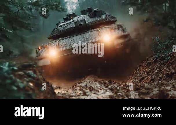 A powerful armored tank navigates a muddy trail in a dense forest ...