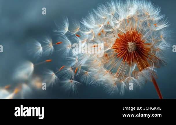 Close-up of a dandelion seed head with delicate white seeds set against ...
