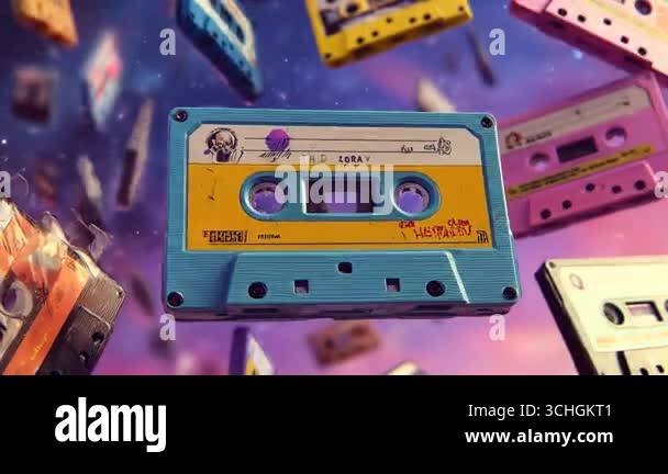 A collection of colorful retro cassette tapes float in mid-air against ...