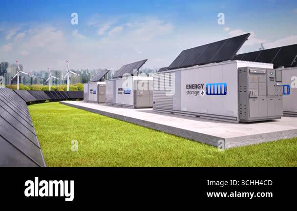 Group of energy storage systems or battery container units with blue ...