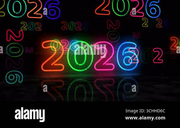 2026 year neon glowing symbol. Light color bulbs. abstract concept 3d ...