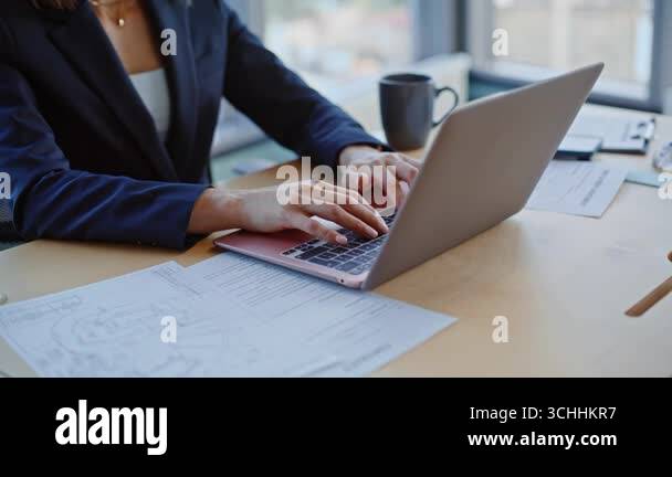 Company specialist hands typing keyboard entering data at office ...