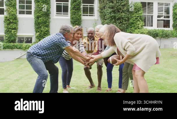 Animation of happy diverse female and male senior friends playing ...