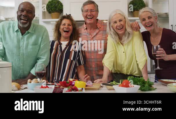 Animation of happy diverse female and male senior friends preparing ...