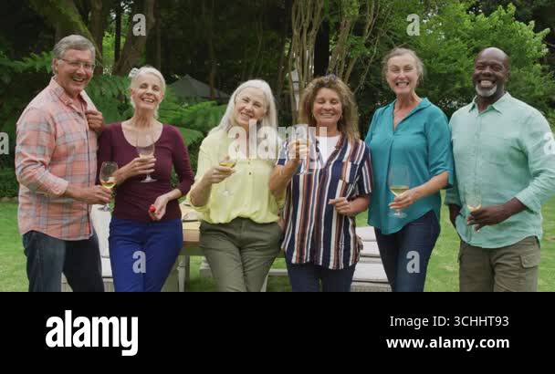 Animation of diverse happy senior female and male friends toasting with ...