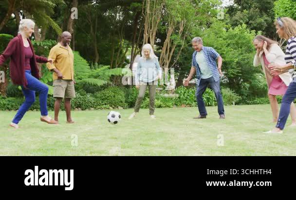 Animation of happy diverse female and male senior friends playing ...
