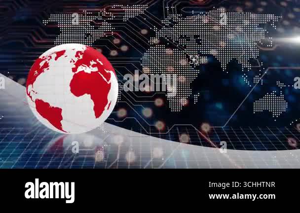 At animation start, 3D globe spinning slowly while nodes pulsing to ...