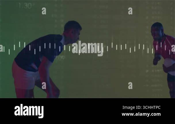 Athlete in red charging opponent after lifting ball to gain ground with ...