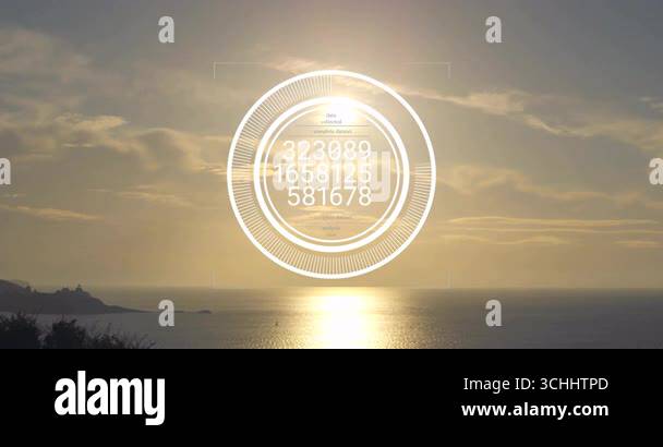 Glowing sun starting pulsing circular HUD overlaying sunset while ... Glowing sun starting pulsing circular HUD overlaying sunset while ...