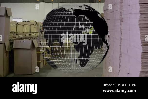 Spinning globe grid revealing warehouse operator pulling pallet jack ...