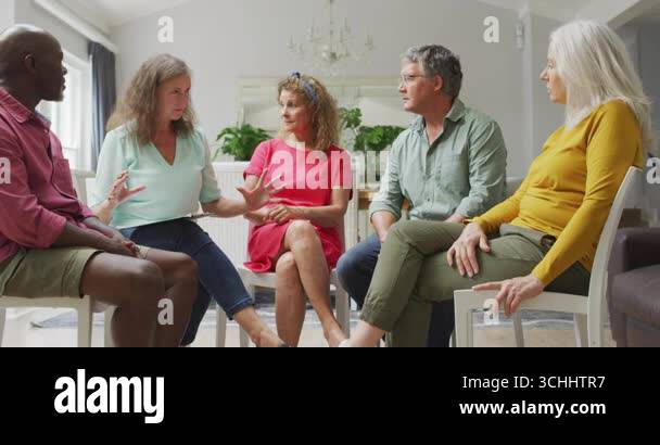 Animation of diverse female and male seniors meeting on support group ...