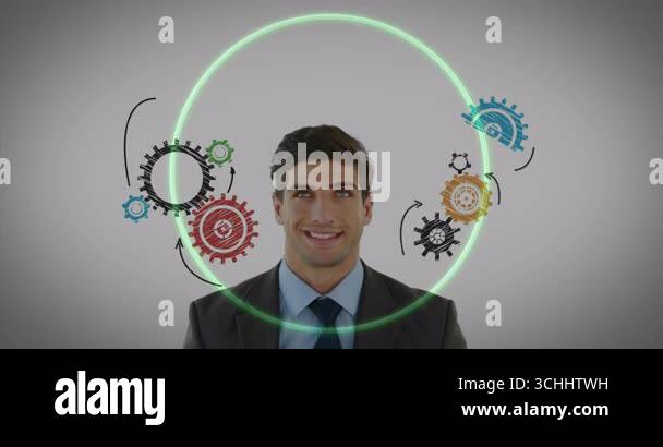 Businessman as neon-green circle drawing sparking rotating gears under ...