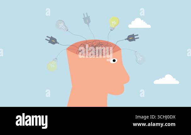 Overthinking, 4k animation of jumbled electrical cord and lightbulb ...