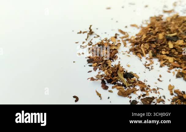 A pile of dried tobacco on a white background. Tobacco is a plant whose ...