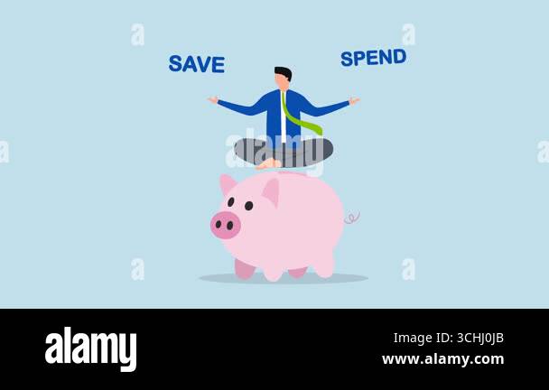 Money decision, 4k animation of Uncertain lady sitting on piggy bank ...