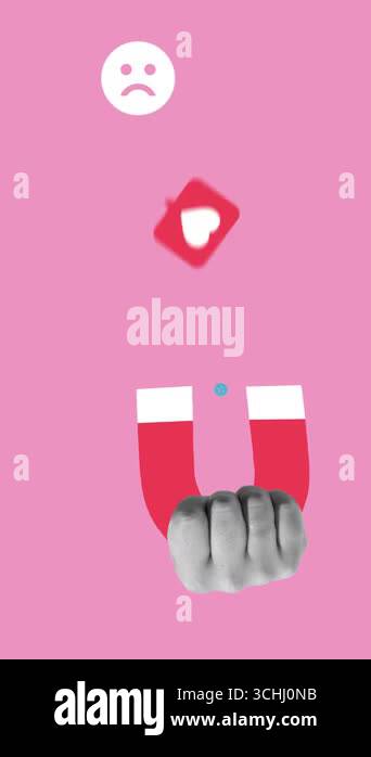 Playful stop motion. Magnet attracts both likes and sad cartoon faces ...