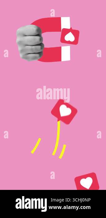 Animated ad. Magnet held by hand pulls floating likes from pink void ...