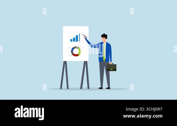 4k animation of businessman displays a bar chart showcasing significant ...