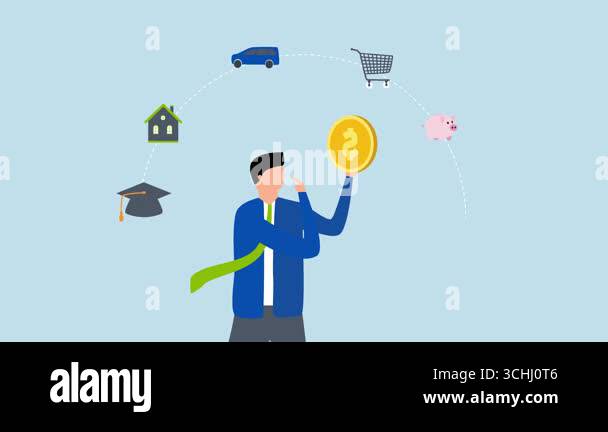 Budget planning, 4k animation of businessman with coins considers ...