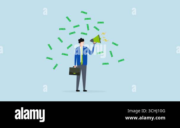 Referral marketing, 4k animation of businessman talk on megaphone money ...