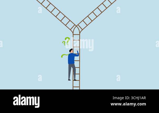 Decision making, 4k animation of Perplexed entrepreneur ascends ladder ...