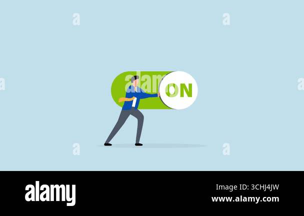 Turn on switch, 4k animation of smart businessman push setting button ...