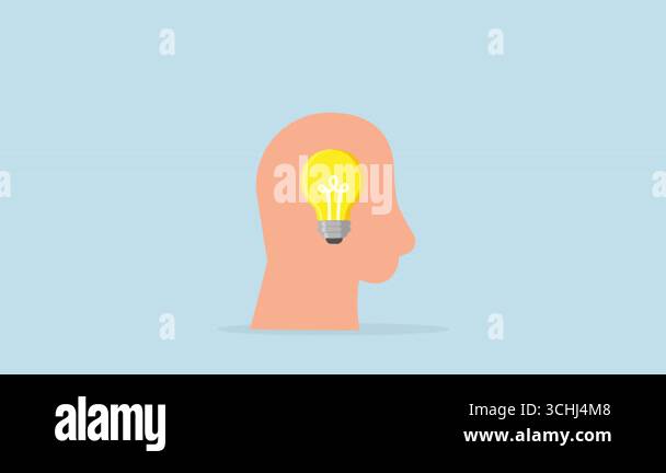 Wisdom, 4k animation human head featuring glowing lightbulb symbolizing ...