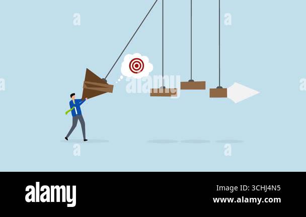 Business impact, 4k animation businessman push dart pendulum to reach ...