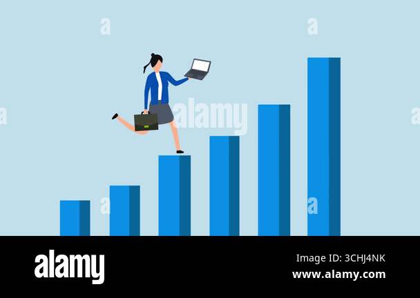 Growth, 4k animation businesswoman using laptop approaches ascending ...