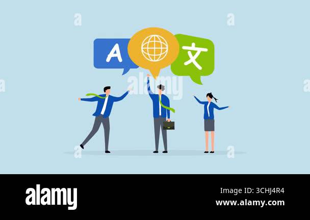 Language learning, 4k animation young adults conversing with foreign ...