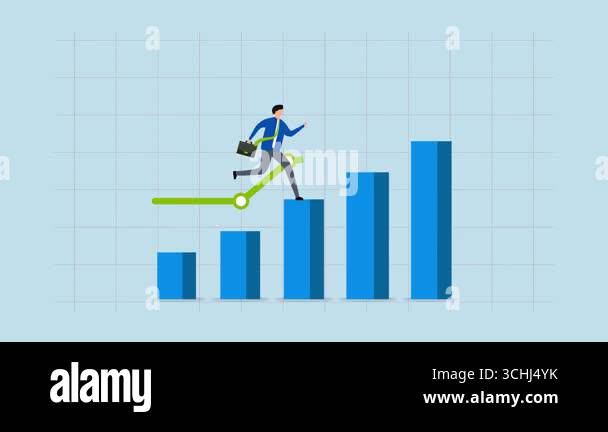 Business growth, 4k animation of businessman running up growth chart ...