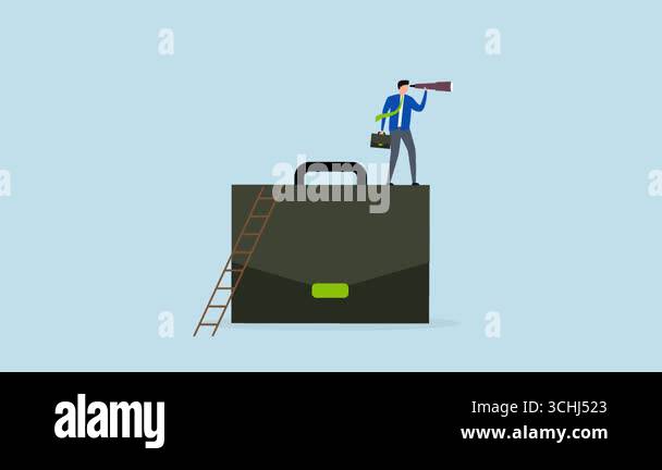 Career future, 4k animation of businessman climb up on briefcase see ...