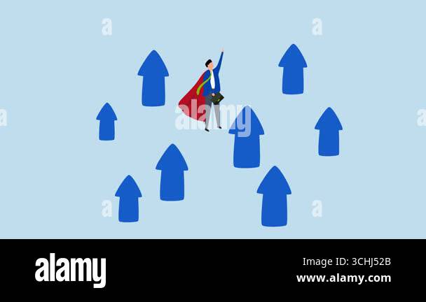 Growth, 4k animation of businessman superhero flying up with rising ...