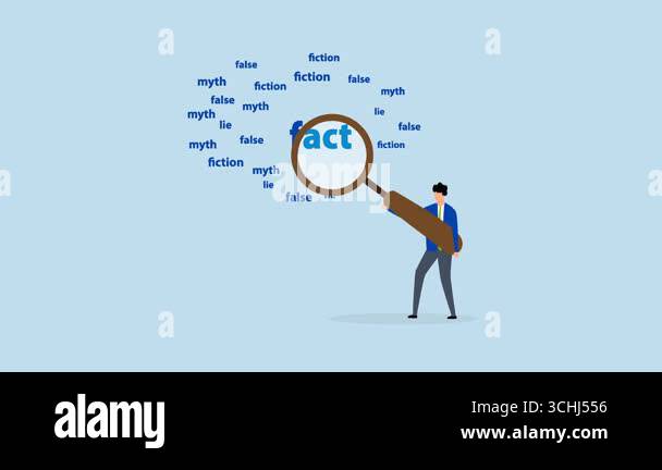 Fact checking, 4k animation of businessman with magnifying glass ...