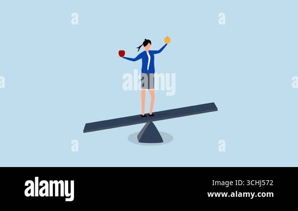 Comparison, 4k animation of businesswoman balances on seesaw while ...