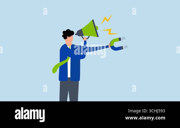 entrepreneur yelling into megaphone while using magnet to draw in ...