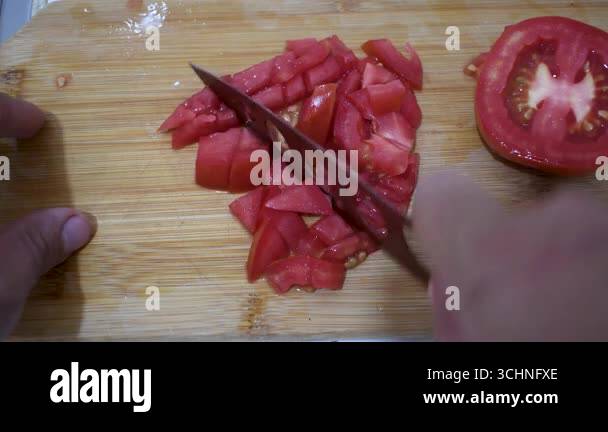 Chopping Tomato on Cutting Board, Slicing Fresh Tomato with Knife ...