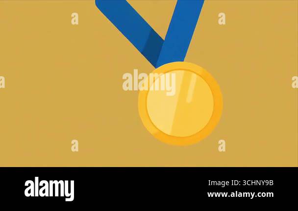 A close-up of a shiny golden medal with a vibrant blue ribbon against a ...