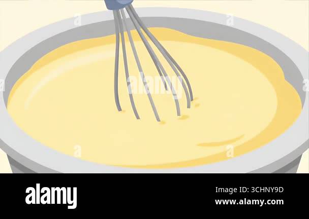 Close-up of a whisk blending smooth yellow batter in a white bowl ...