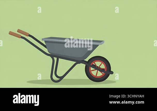 A simple, flat illustration of a garden wheelbarrow with wooden handles ...
