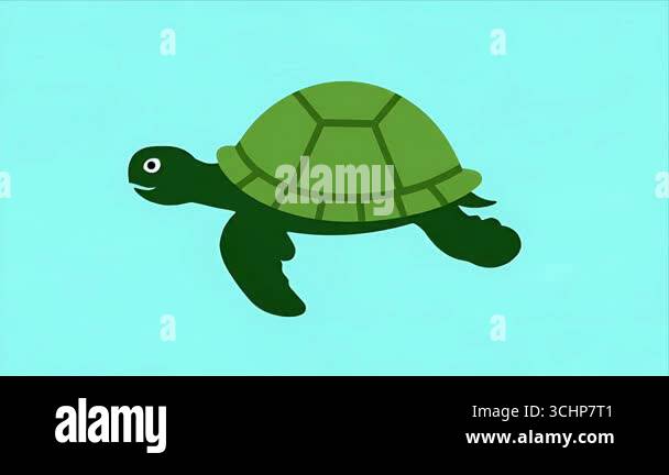 A charming animated green turtle glides through a serene blue ...