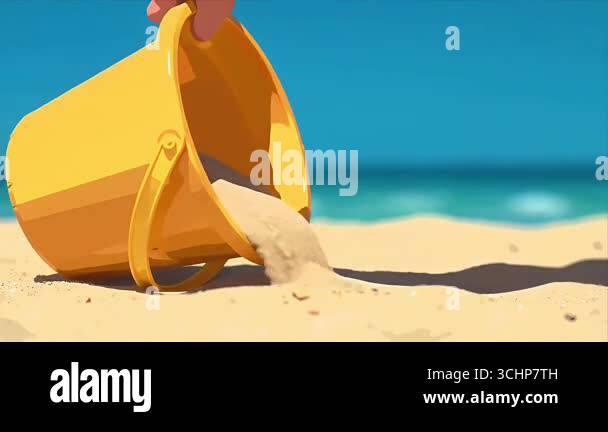 A yellow bucket is tipped over, spilling sand onto a sandy beach. The ...