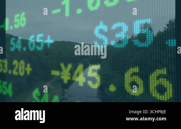 On start stock ticker updating and scrolling currency values over river ...