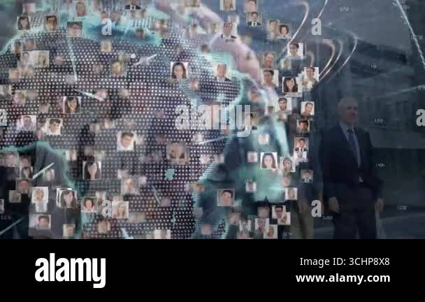 Business team walking under rotating globe initiating headshot network lines showing global ...