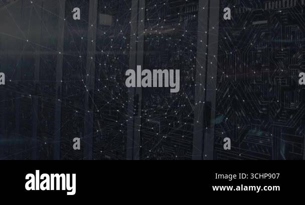 On start network nodes and lines pulsing reorganizing around server ...