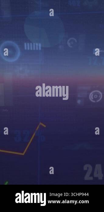 Animation of financial data processing over dark background. Global finance, business ...