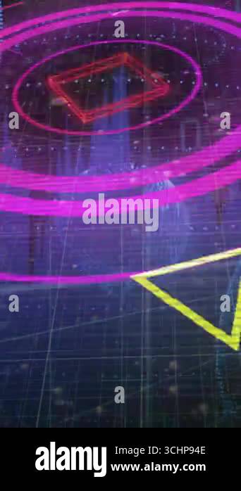 Animation of graph, arrows around circles over grid pattern and globes ...