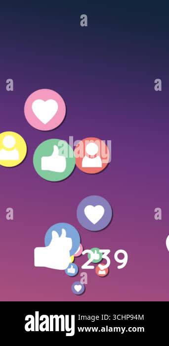 Digital animation of moving like, heart and follow icons above ...