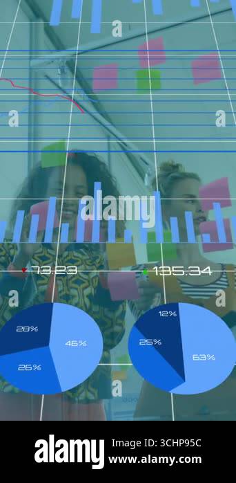 Animation of data processing over diverse colleagues discussing over ...